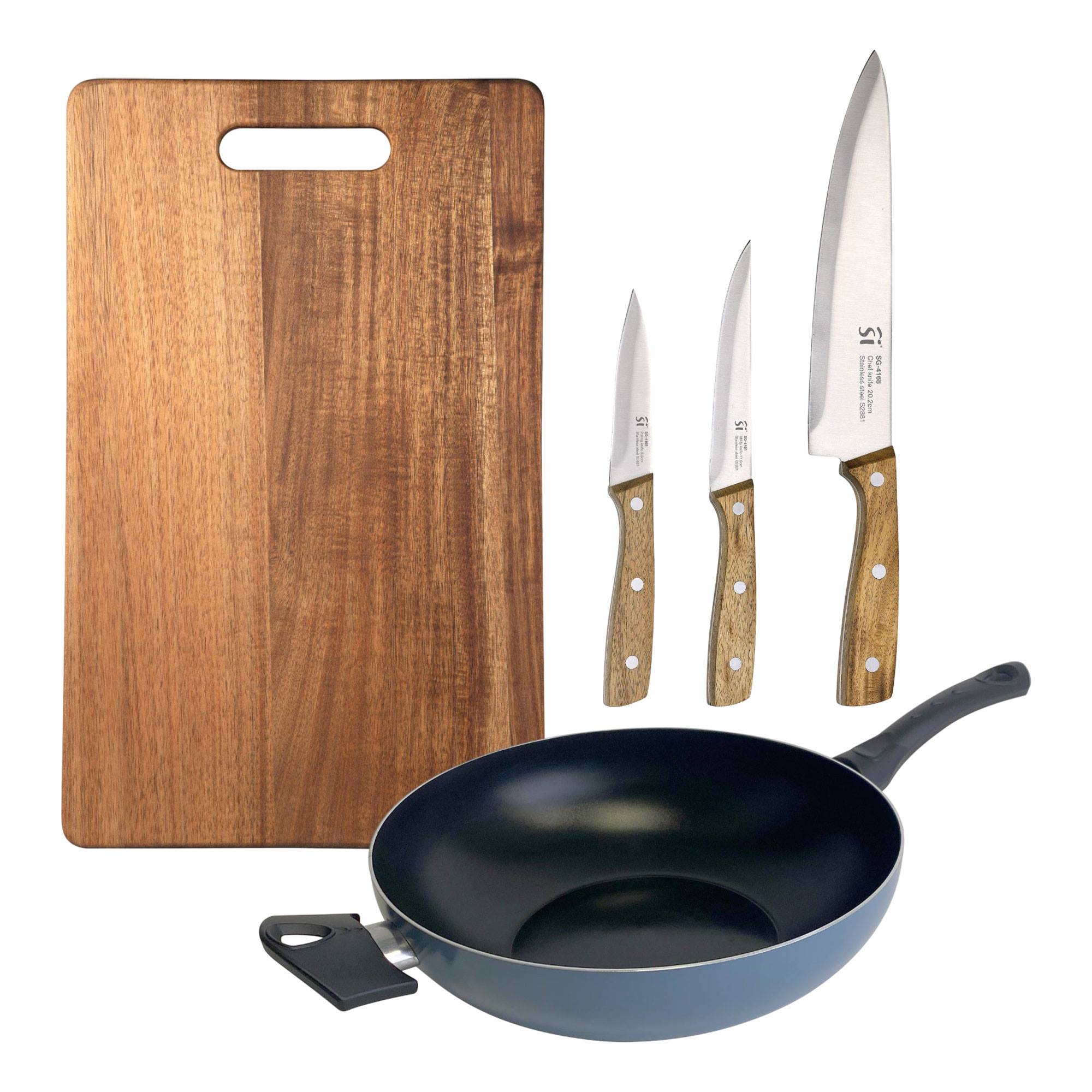 Wok de Ø30cm Aluminio prensado con 3 Cuhillos en acero inoxidable y ...