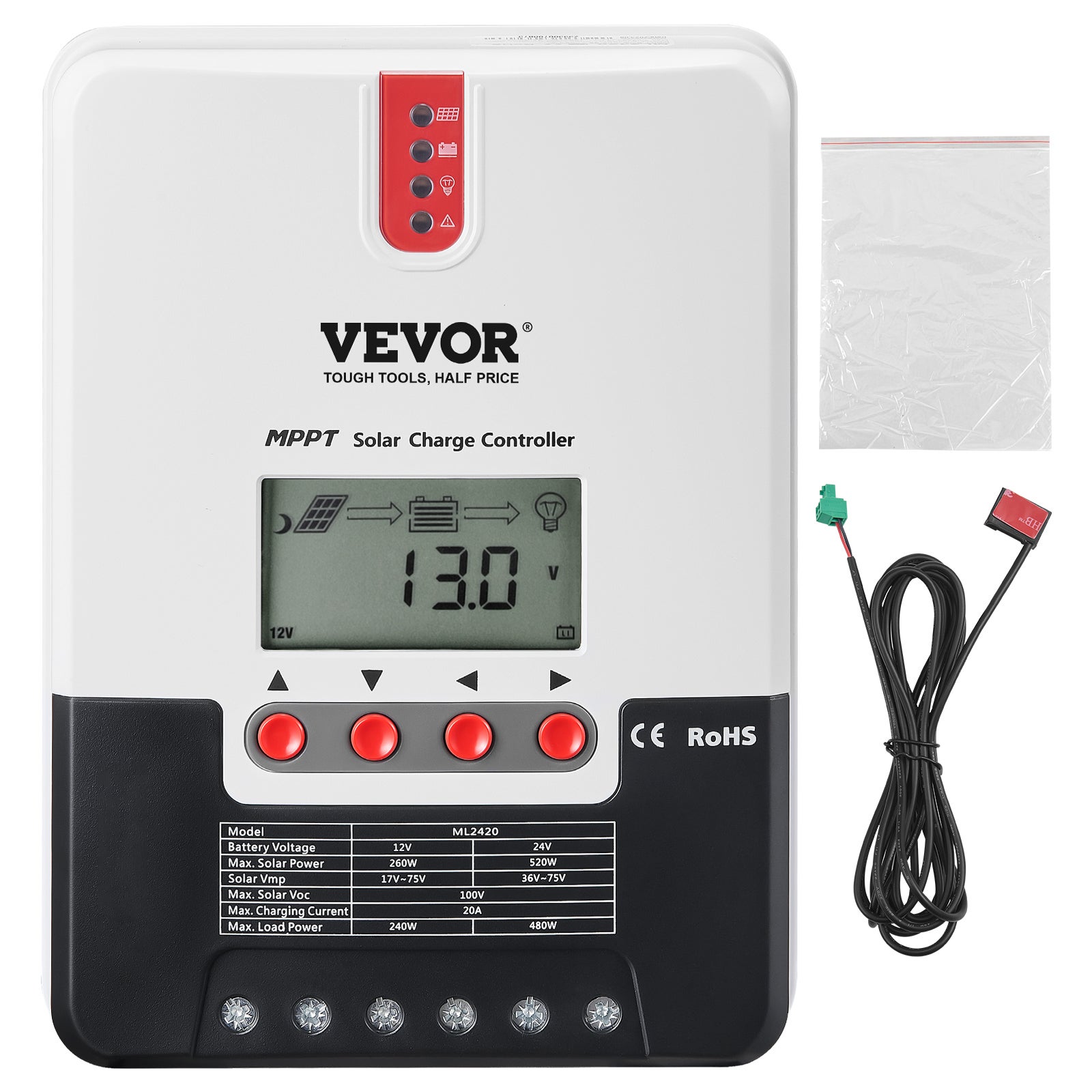 20A MPPT Solar Charge Controller VEVOR, 12V / 24V Auto DC Input, Solar ...