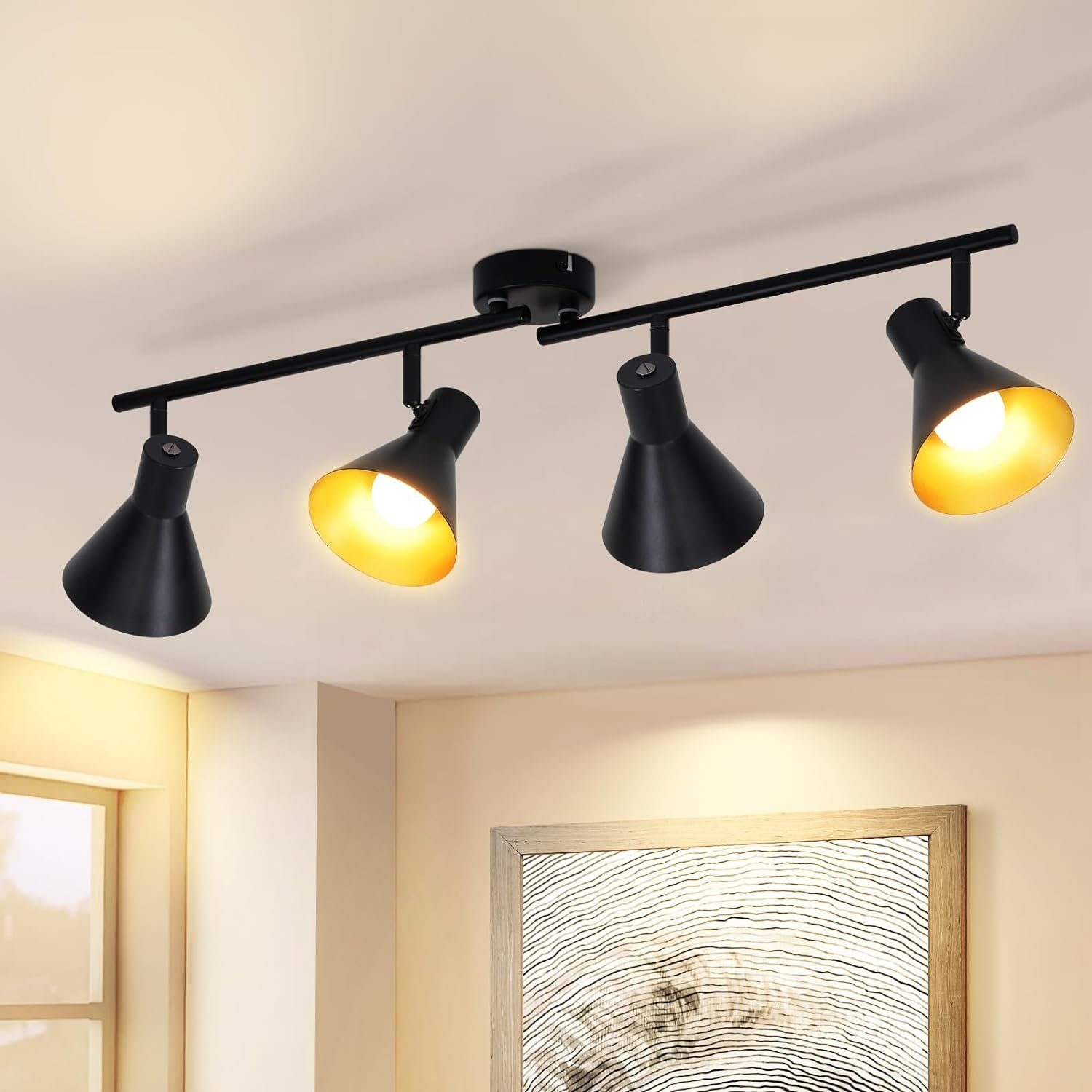 NETTLIFE 4 Spots Plafonnier Salon Noir Vintage 71CM E14 Métal Pivotant ...