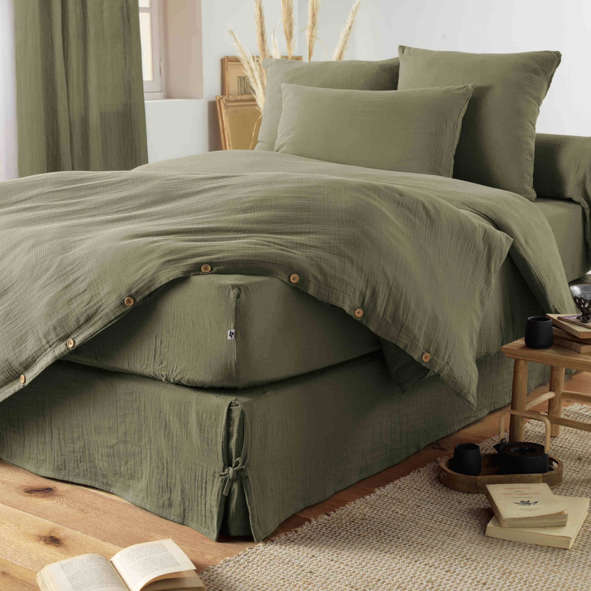 Housse de couette double gaze de coton kaki 240x220 cm | Leroy Merlin