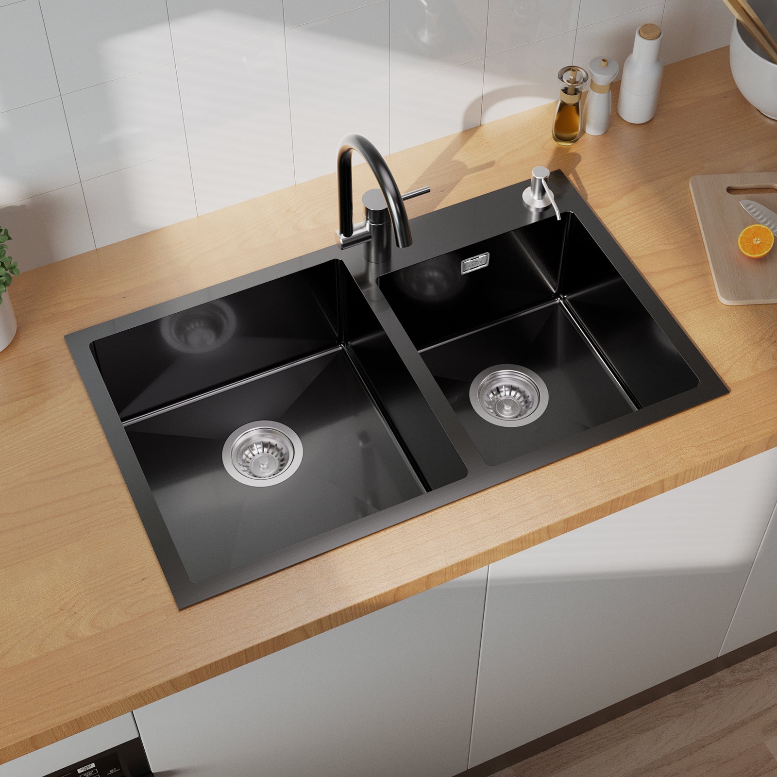 Evier de Cuisine en Inox Évier Double Bac avec 2 Trous de Montage Evier ...