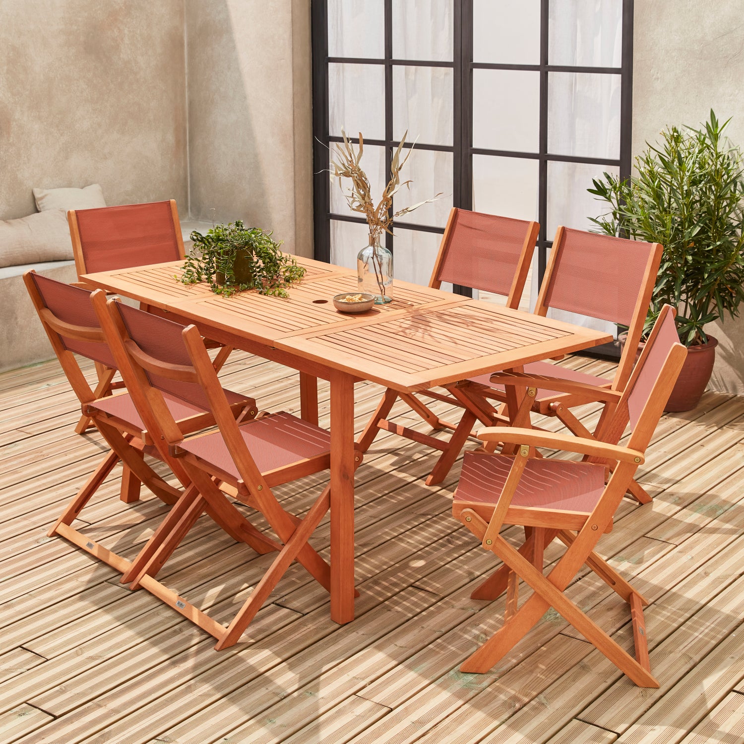 Table de jardin extensible bois d'eucalyptus + 6 assises - Almeria ...