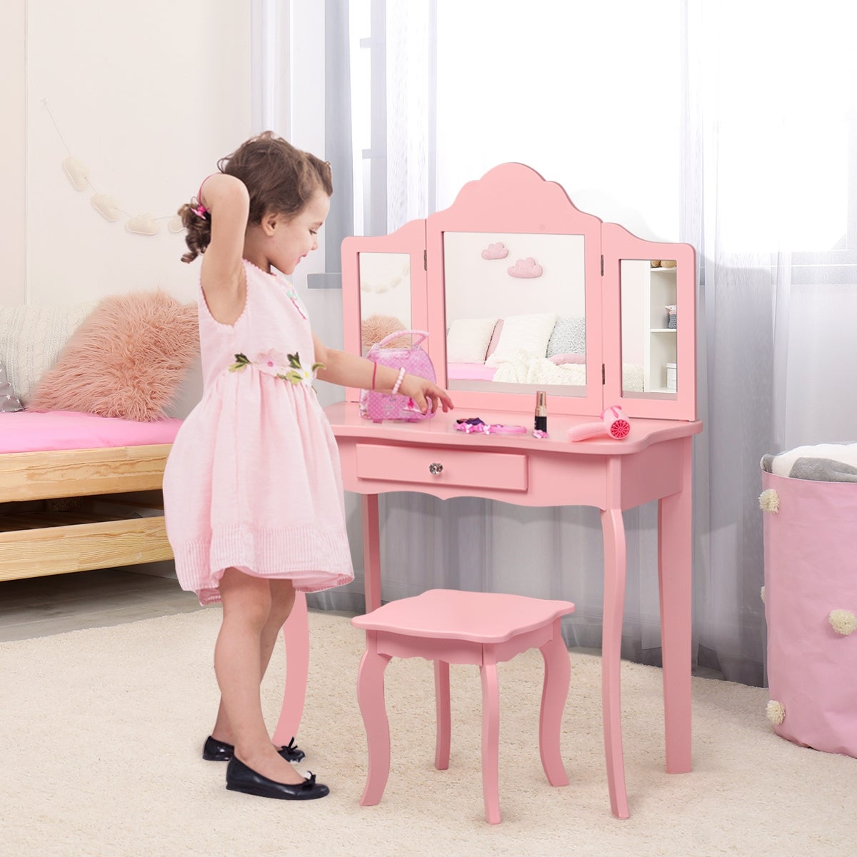 Coiffeuse Enfant | Table de maquillage Rose avec Tabouret et Miroir à ...