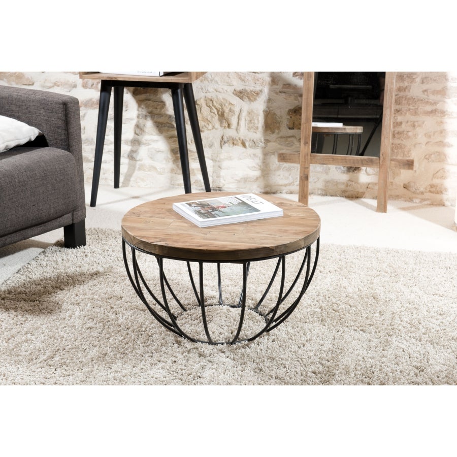 ALIDA - Table basse coque ronde 60x60cm plateau teck recyclé piétement ...
