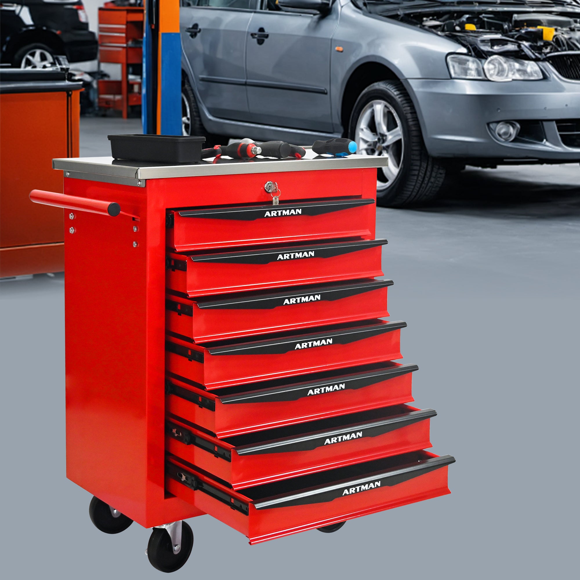 Carro de taller 7 cajones, encimera de acero inox, con ruedas, acero ...