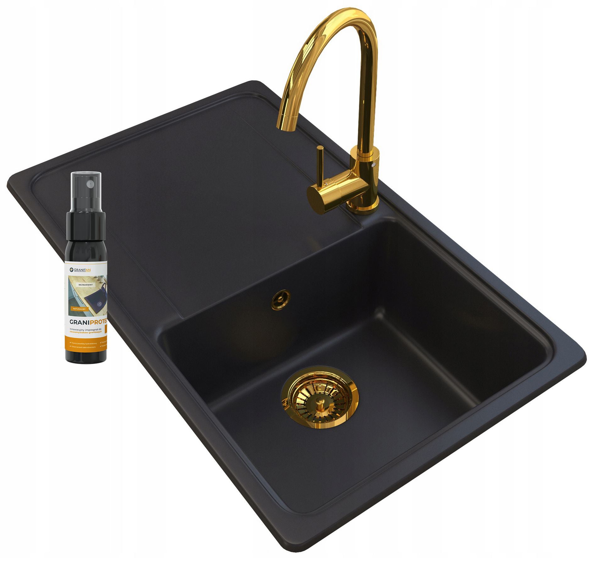 Évier en granit NATI - Beige + Robinet BETA - Or + Siphon | Leroy Merlin