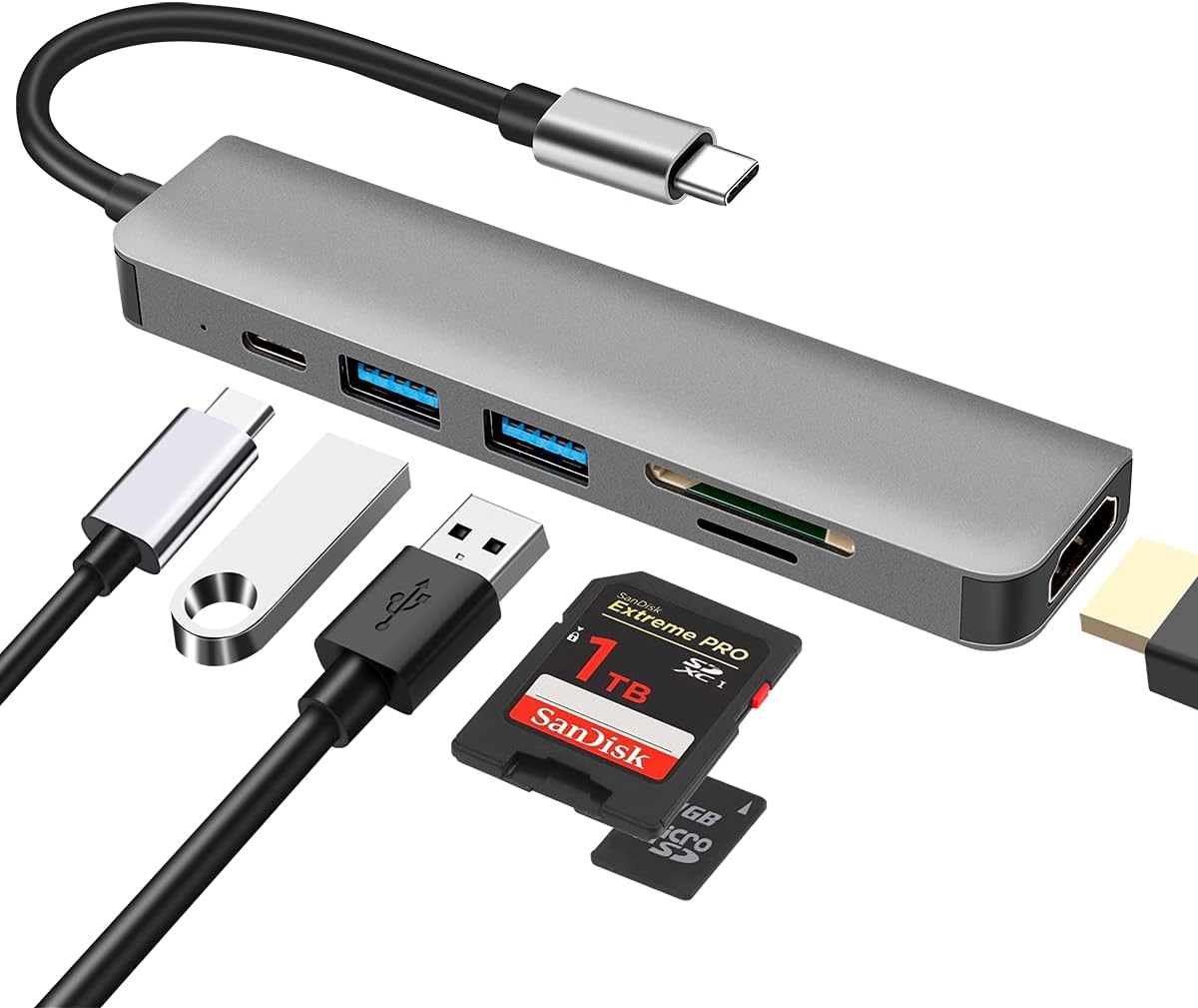 Hub USB C, adaptateur multiport 6 en 1 de type C avec HDMI 4K, lecteur ...