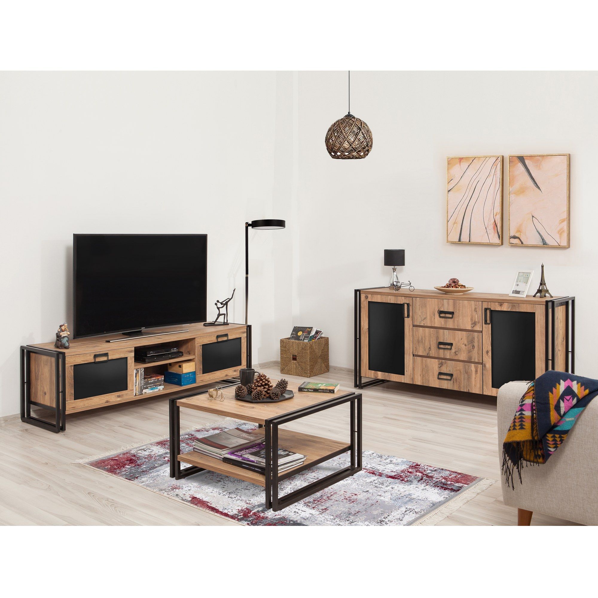 Ensemble de meubles de salon style industriel Aodh Métal Noir et Bois ...