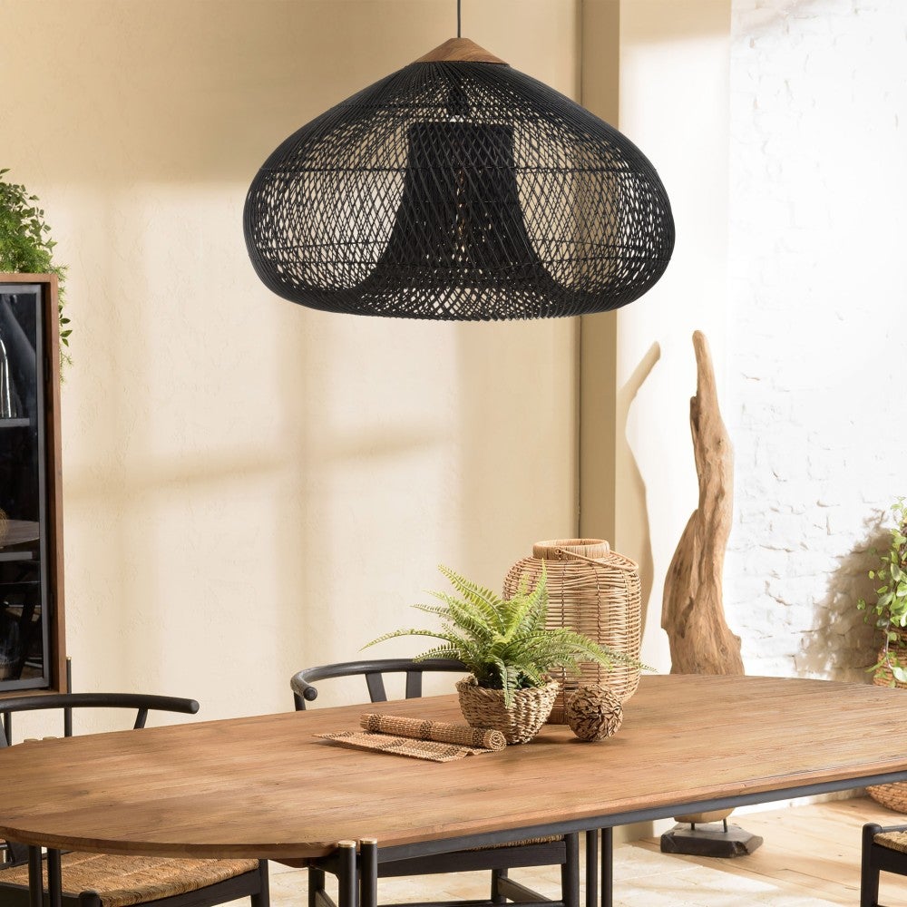 SIXTINE - Suspension noire 'entonnoir' 80x80cm bois de teck/rotin ...