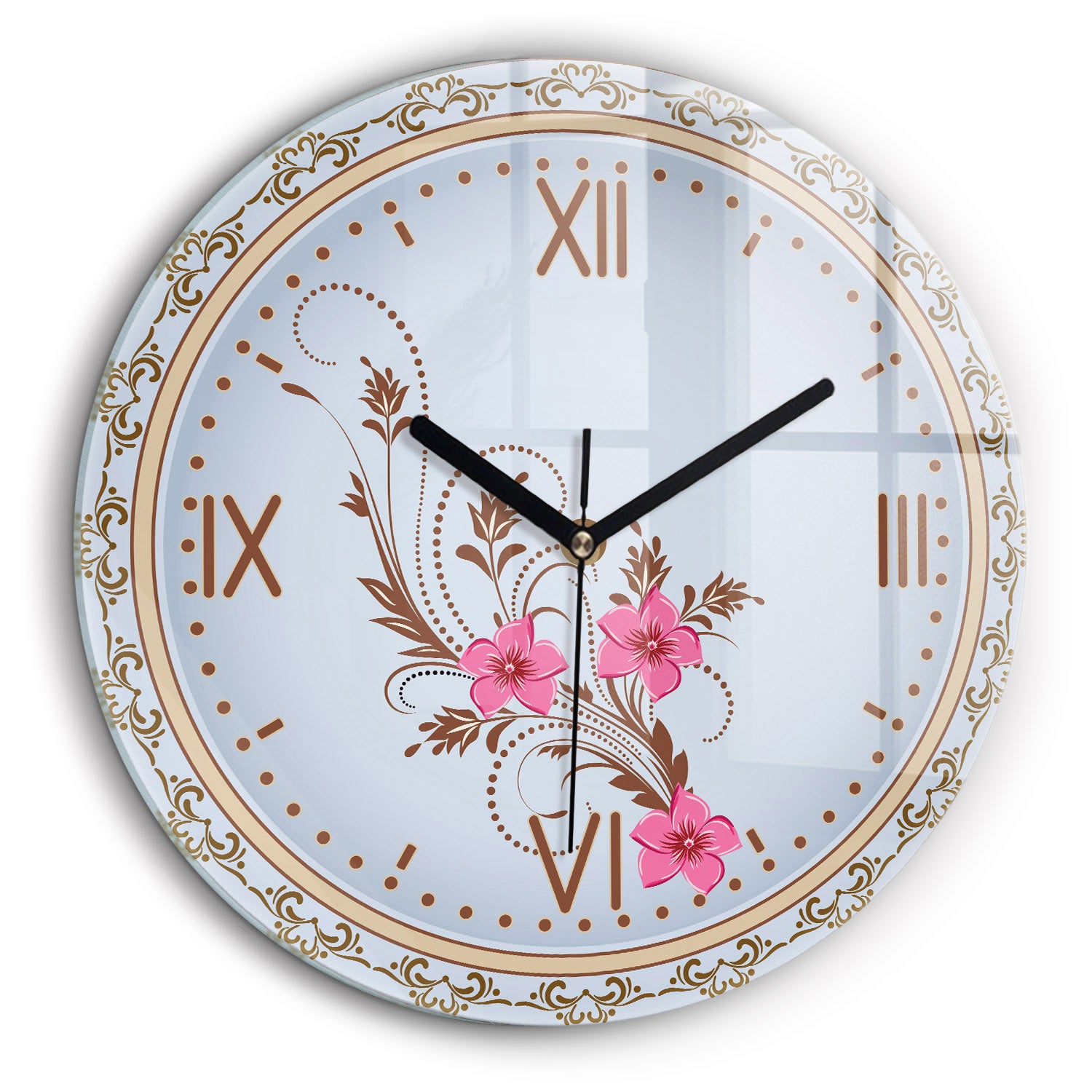 Horloge ronde en verre imprimé | 60x60 | Pointes noires | Fleurs roses ...