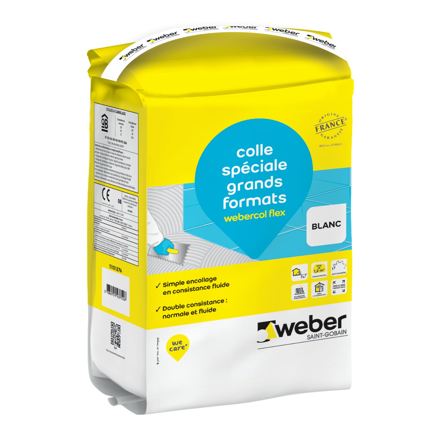 Colle carrelage grand carreaux Blanc 5kg, Webercol flex, haut rendement ...