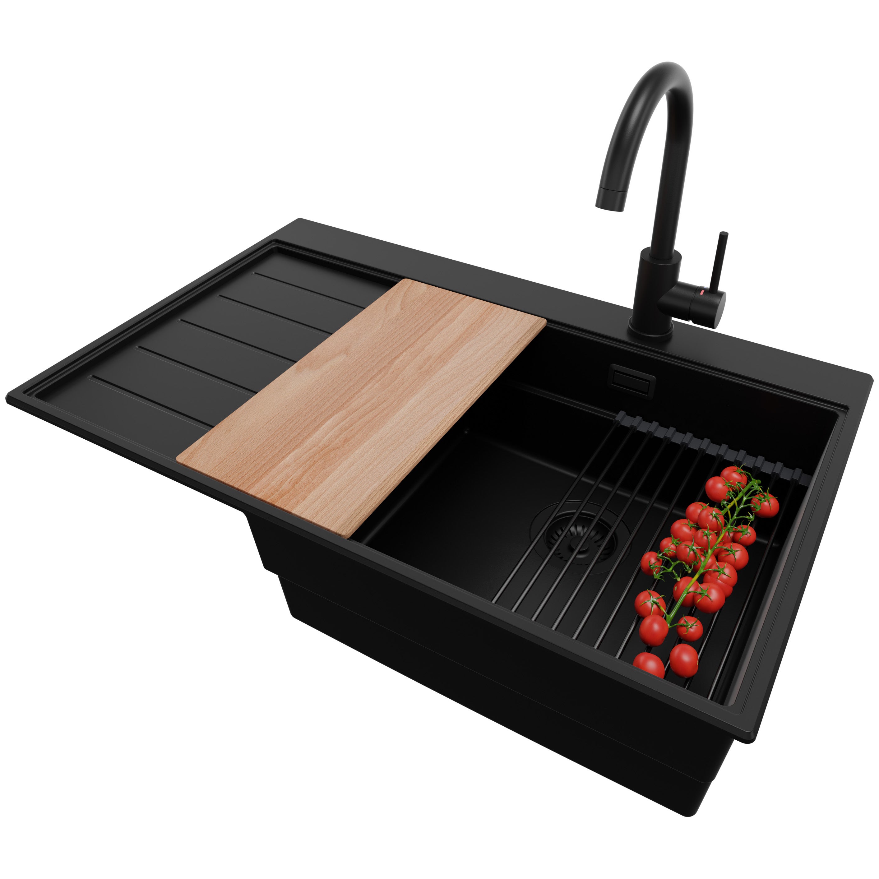 PRIMAGRAN Evier Cuisine en Granit Tout Noir 78x50cm, Lavabo 1 bac + Kit ...