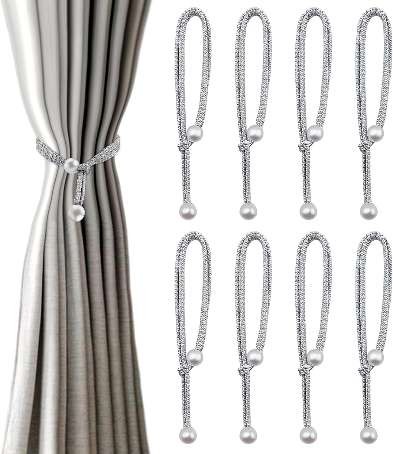 Lot de 8 attaches de rideaux en perles grises, grandes boucles ...