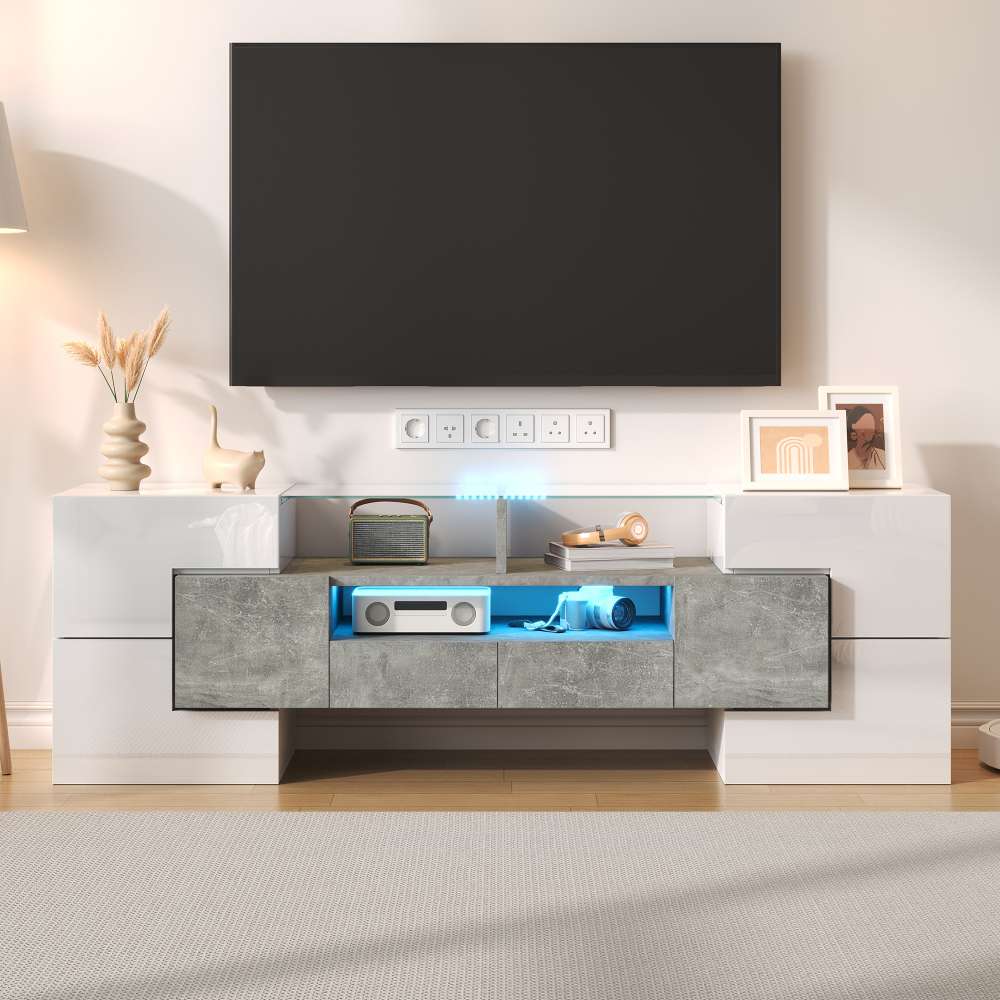 Mueble TV blanco alto brillo 145 cm, mueble salón moderno con LED y ...