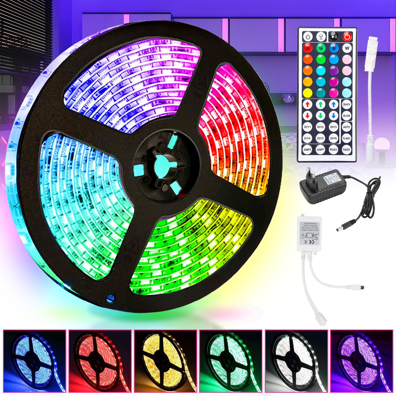 Bande LED lumineuse RGB, Ruban LED 5M 150 LEDs interieur 5050 SMD avec télécommande à 44 touches ...