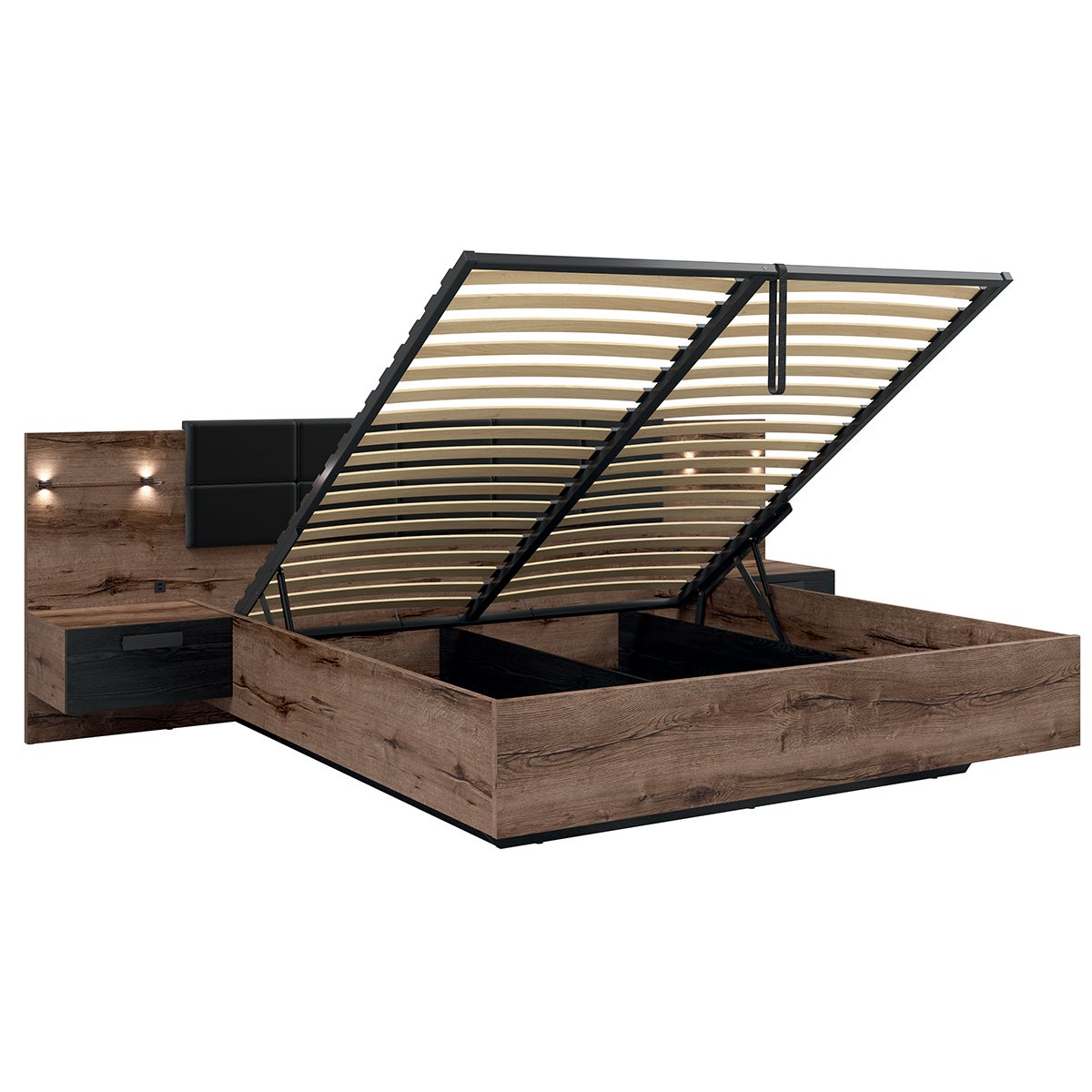 Lit coffre 180x200 sommier chevet LED et prise USB inclus Romane Bois ...