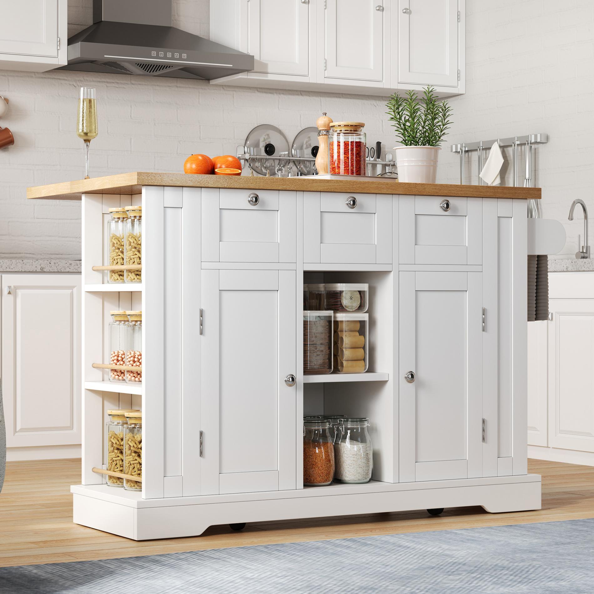 Îlot de Cuisine Mobile 132cm avec Plateau Extensible, Rangement ...