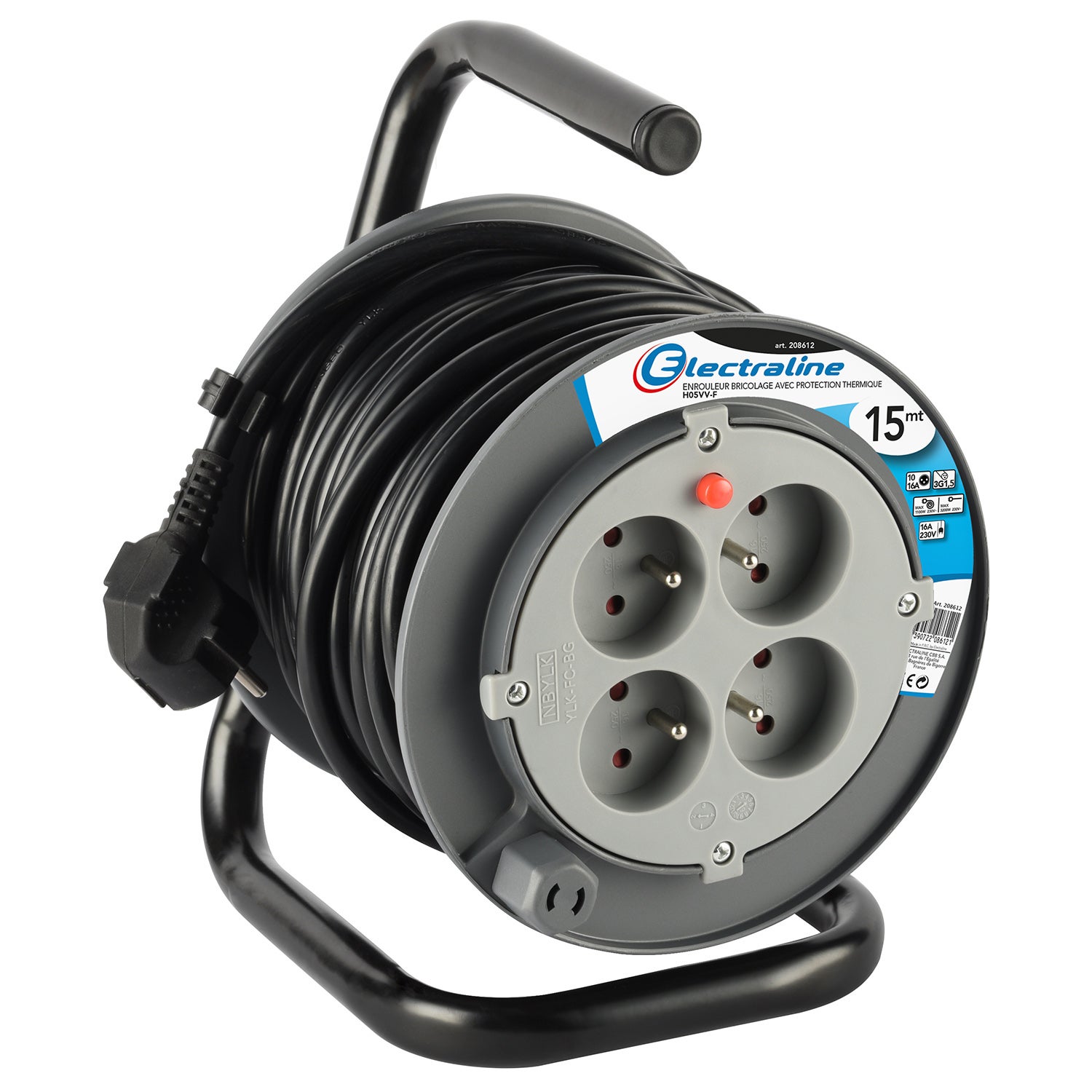 Electraline 208612 Rallonge Prolongateur Electrique 15 M Avec Enrouleur 4 Prises 16 A Section ...