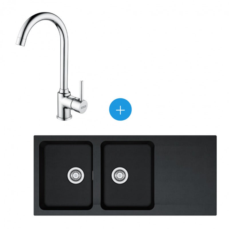Franke Kit évier Orion OID 621, double bac, Carbone + Mitigeur Pola, col de cygne, Chrome (114. ...