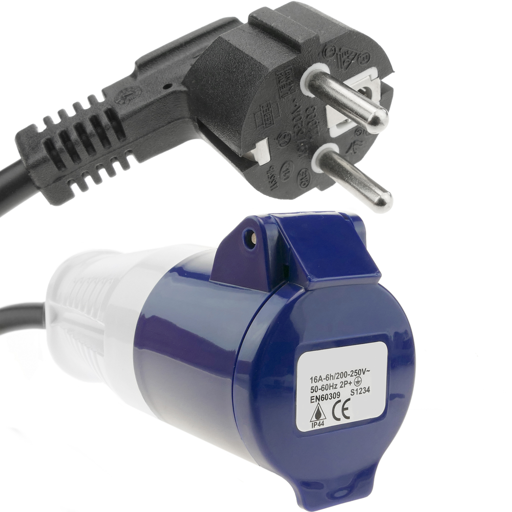 Enchufe industrial Adaptador CETAC hembra a SCHUKO macho 2P+T 16A 250V IP44 IEC-60309 cable 30cm ...