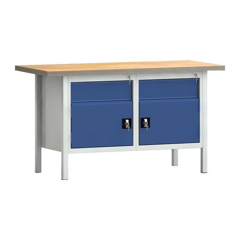 Établi PW 700 l.1500xP700xH840 mm hêtre Multiplex gris clair, RAL 7035 bleu gentiane, RAL 5010 2 ...