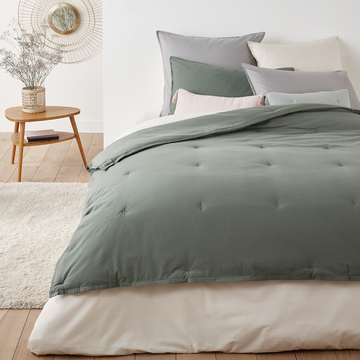 Edredon matelassé en coton lavé, Dojo - Vert eucalyptus - 150 x 150 cm ...