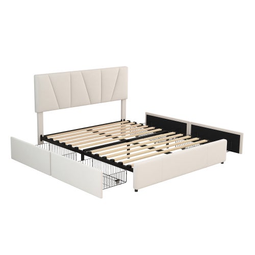 Lit double capitonné, lit plateforme Kingsize avec quatre tiroirs sur ...