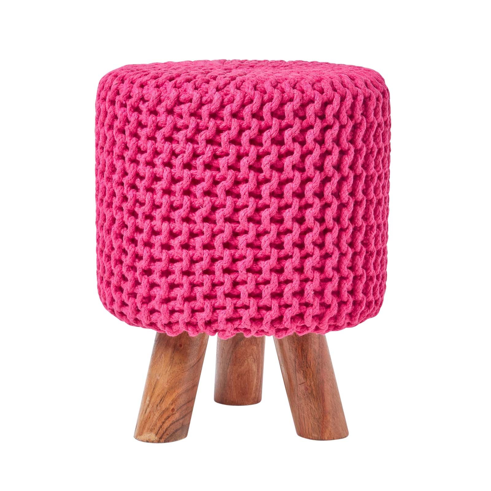 Homescapes Pouf tressé en tricot et pieds en bois - Rose fuchsia ...