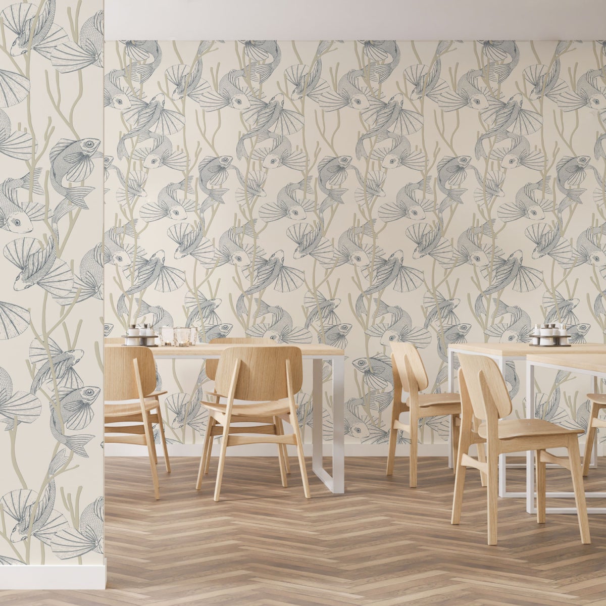 Papel pintado panorámico con motivos de carpa, Beige 525 x 250cm ...