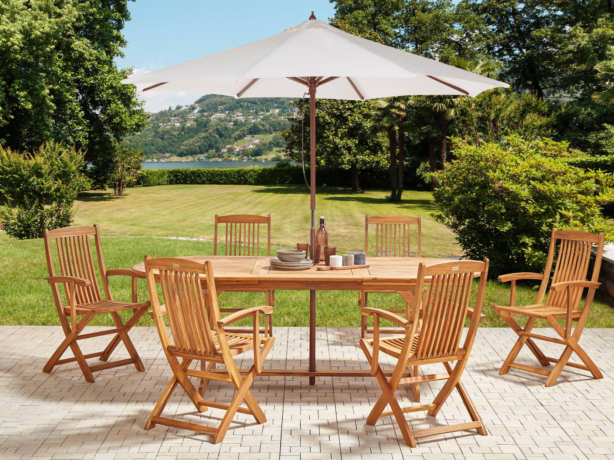 Tavolo, Sedie da Giardino con Ombrellone MAUI II Legno Legno chiaro ...