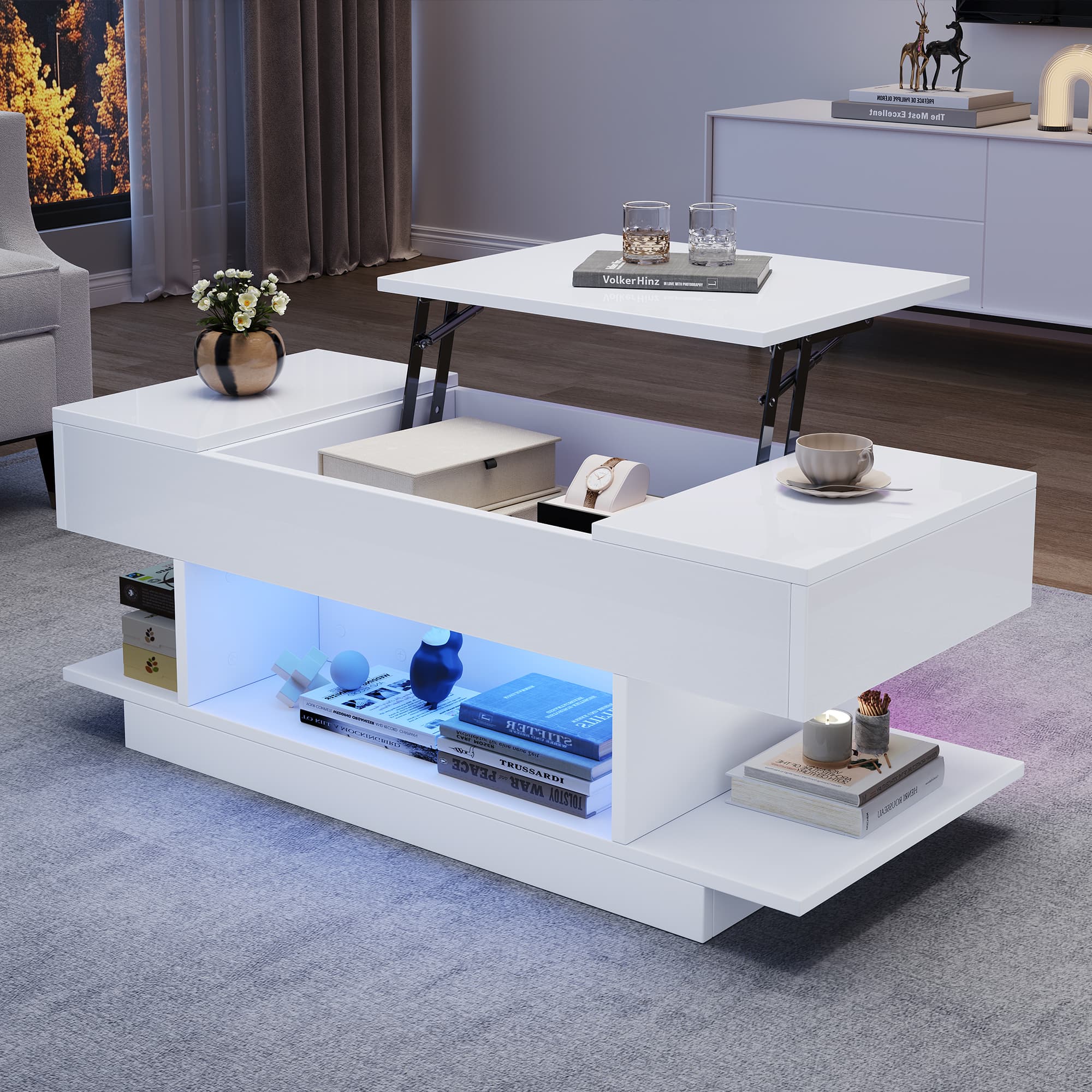Mesa de centro 98 x 45 x 40 cm - Mesa de centro elevable con LED, 2 ...