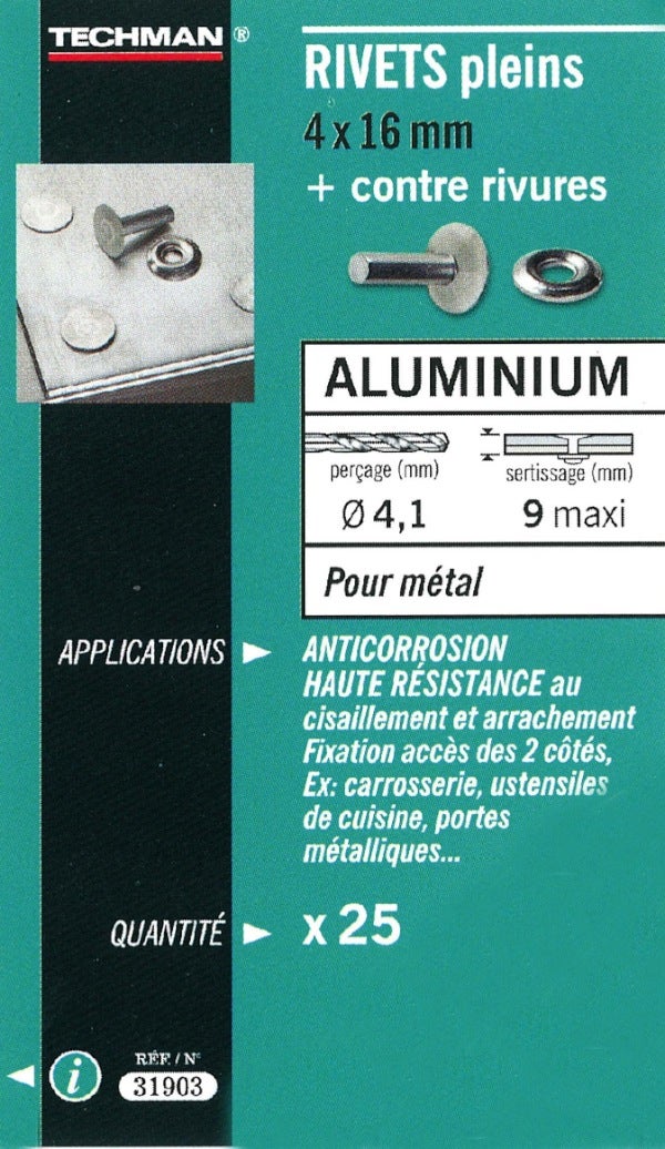 25 rivets pleins alu Ø 4 x 16 mm | Leroy Merlin