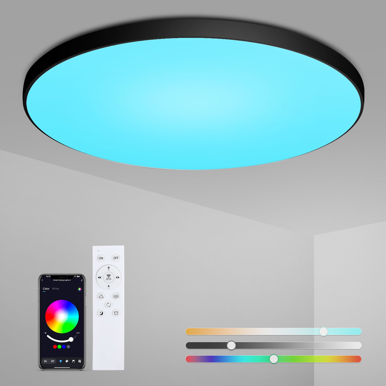 LOVHAUS Plafón LED Regulable Negro 24W con Mando a Distancia, RGB ...