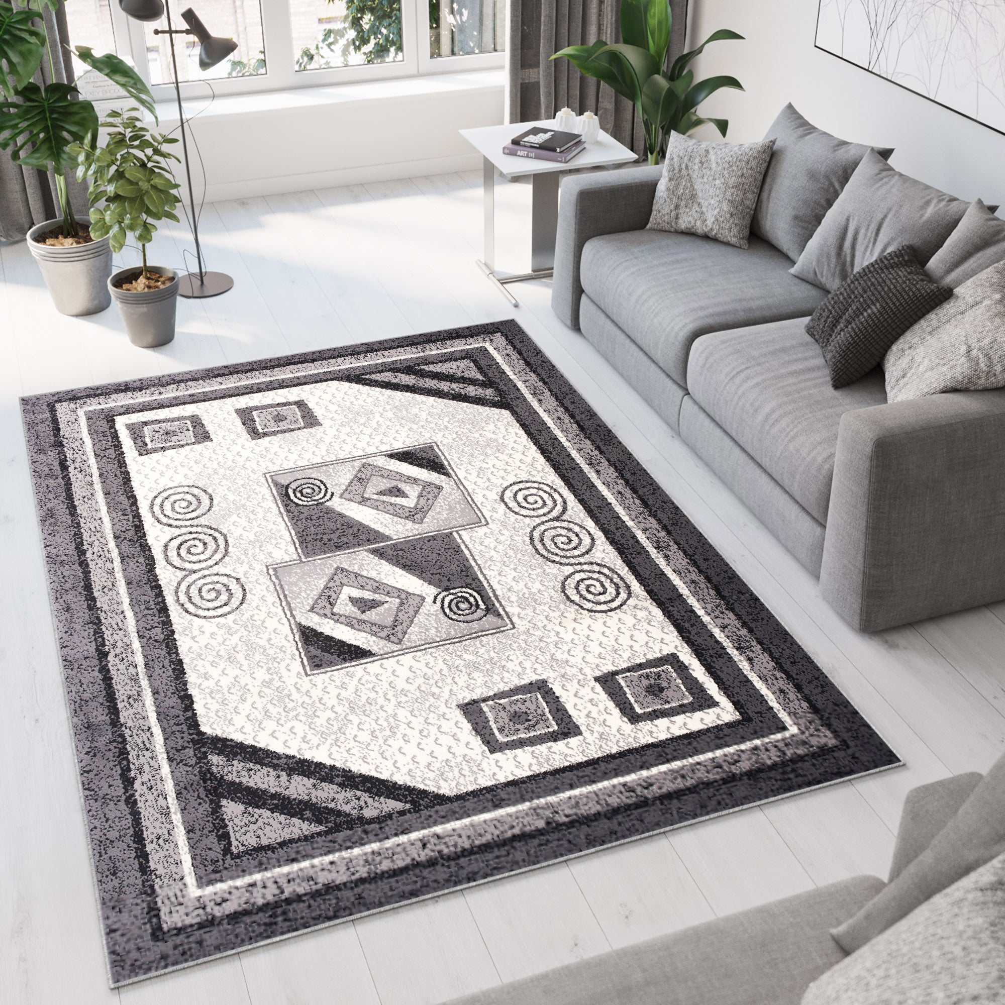 TAPISO Dream Tapis Salon Chambre Gris Crème Géométrique Bordure Fin ...