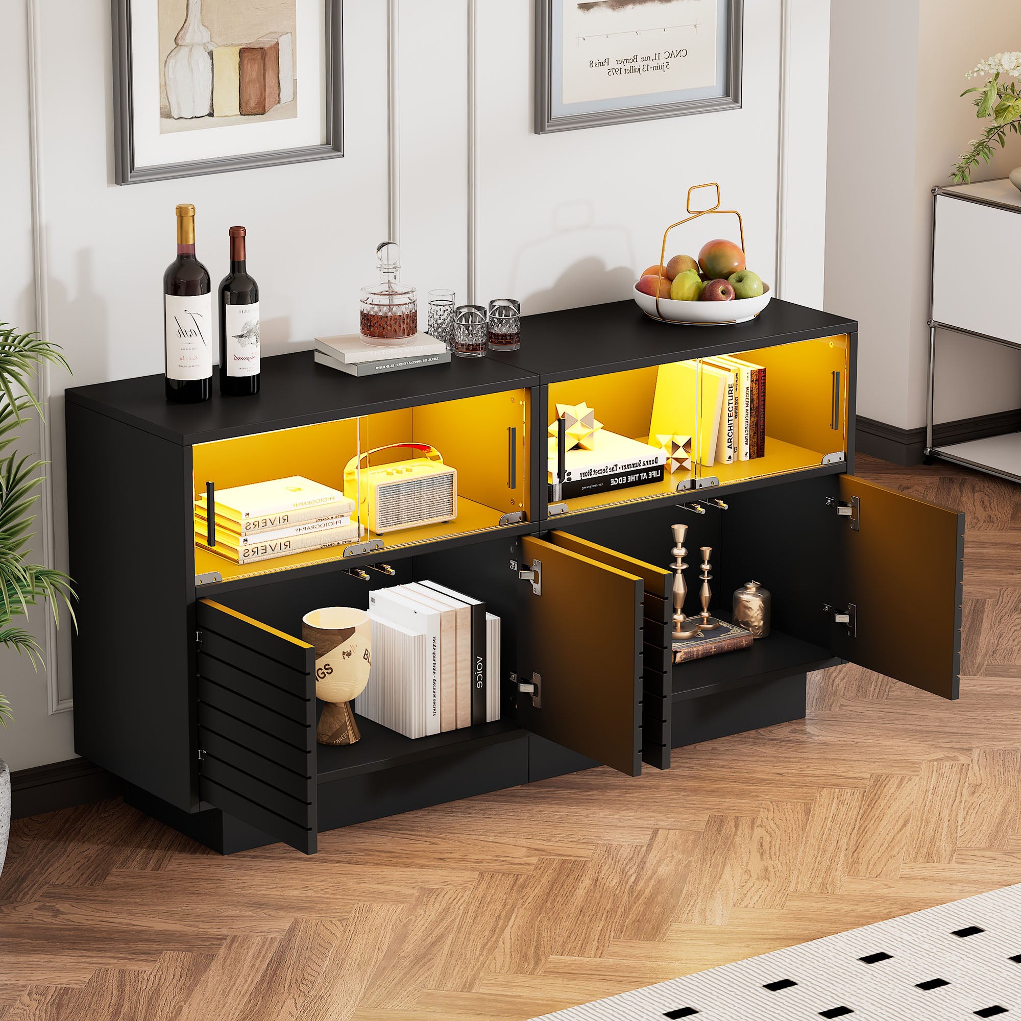 Buffet 130x35x68 cm avec LED, 2 armoires, 4 compartiments, portes en ...