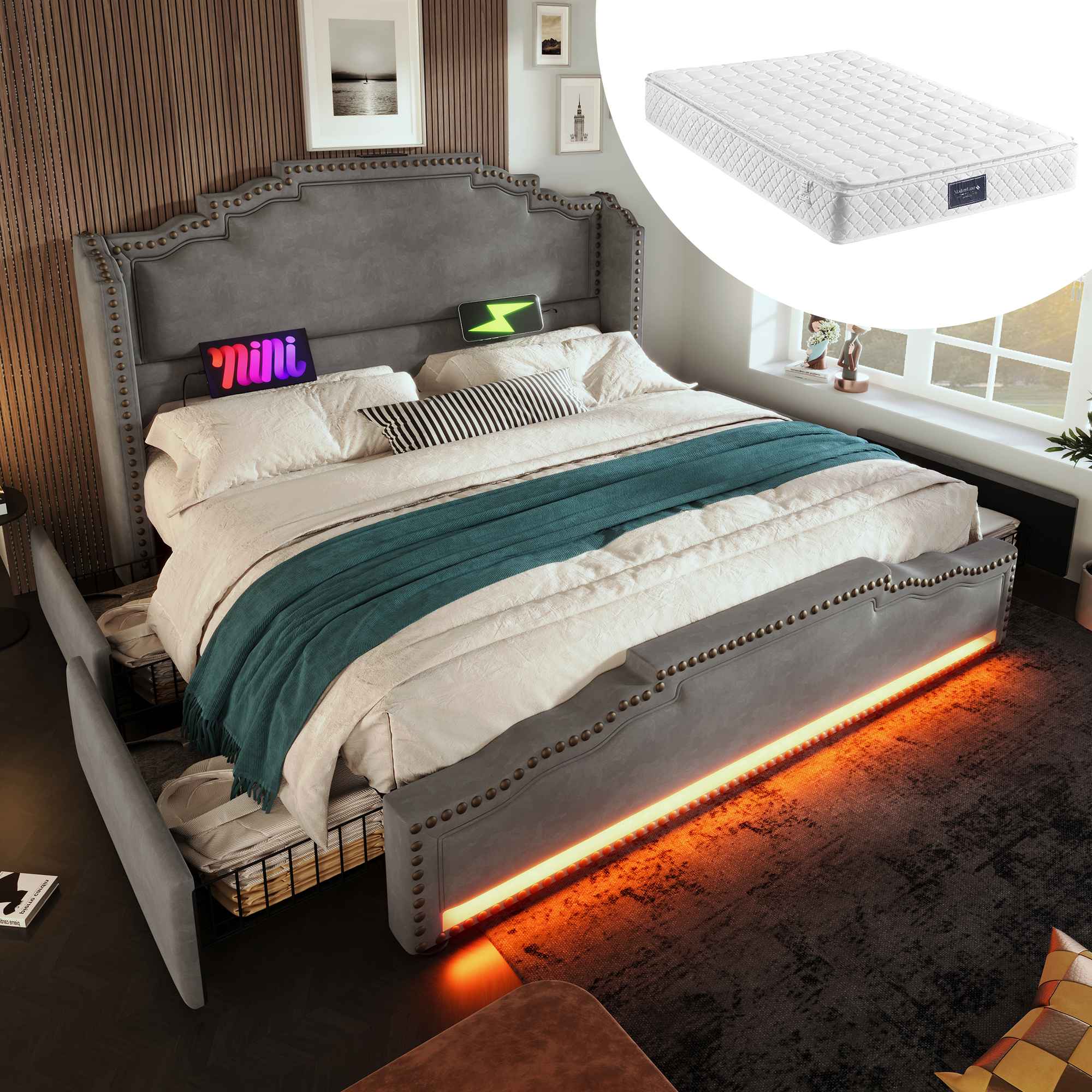 Łóżko Tapicerowane 160×200 z 4 Szufladami, LED, USB-C, Matracem i ...