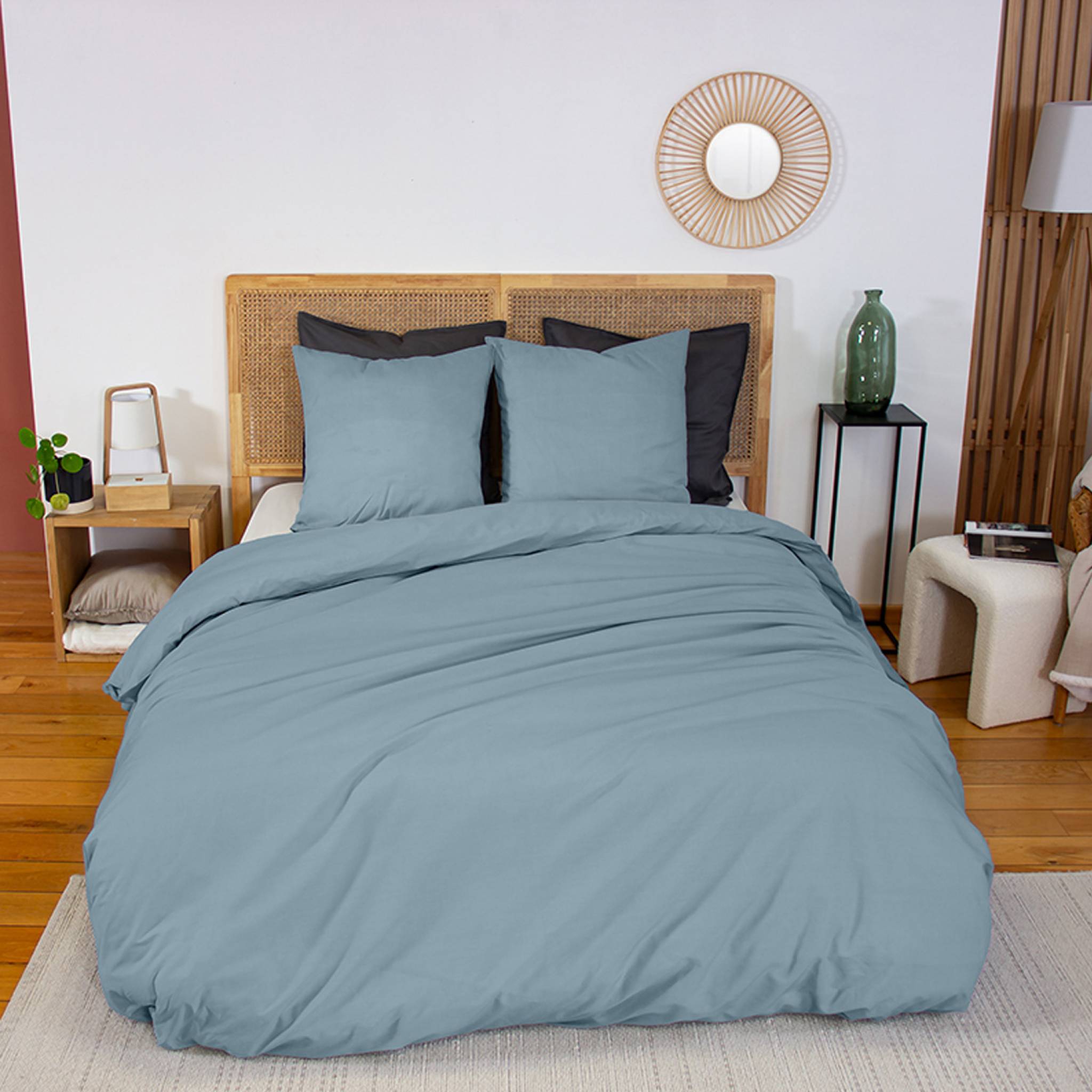 Parure de lit percale de coton 2 places bleu fumé Skala 260x240cm SKALA ...