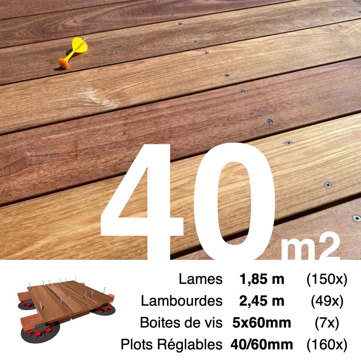 Kit complet terrasse bois exotique CUMARU pour 40 m² • Lames 1,85 m ...