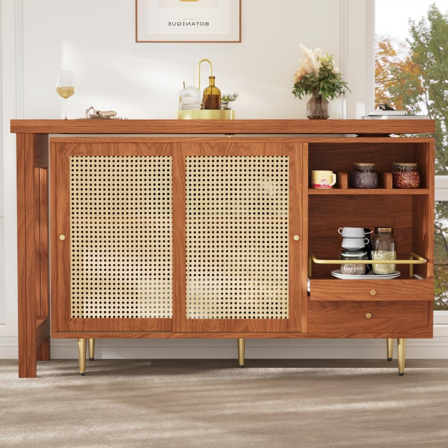 Table haute 360° pivotante et extensible, buffet avec portes en rotin ...
