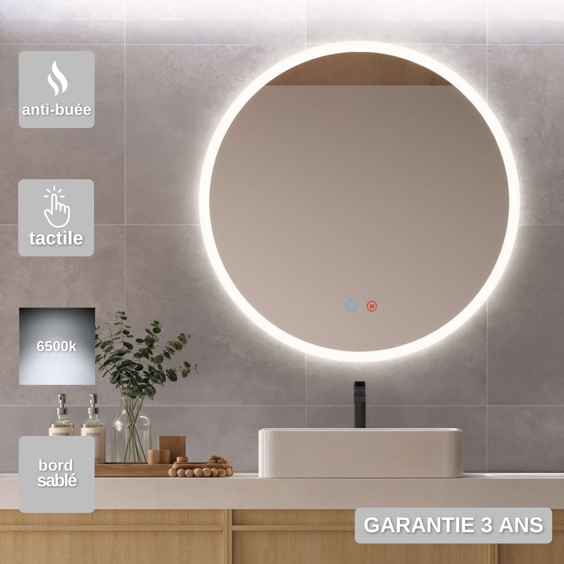 Miroir LED Salle de Bain LONDRES - Ø80 - Led Rétro-Éclairé (6500K ...