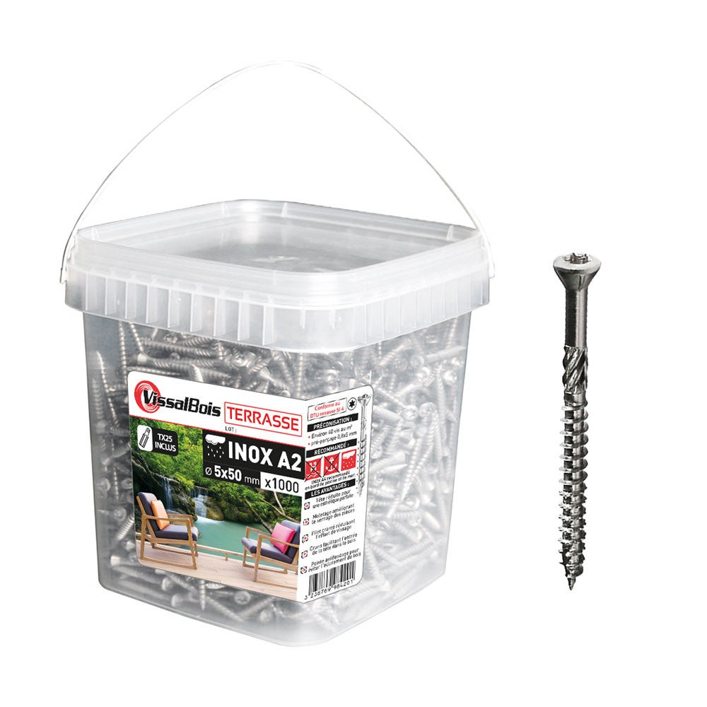 Seau 1000 vis terrasse 5 x 50mm tête réduite inox A2 - Vissal | Leroy ...