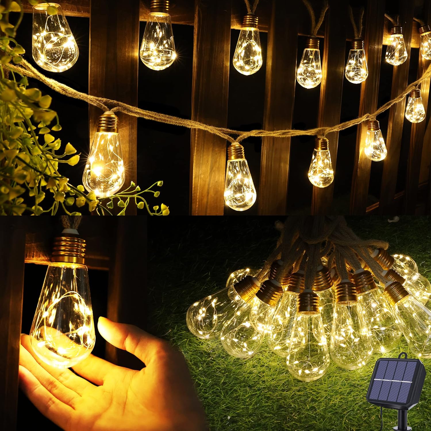 Catena luminosa in corda di canapa lampadine LED solare 10 m 24 ...