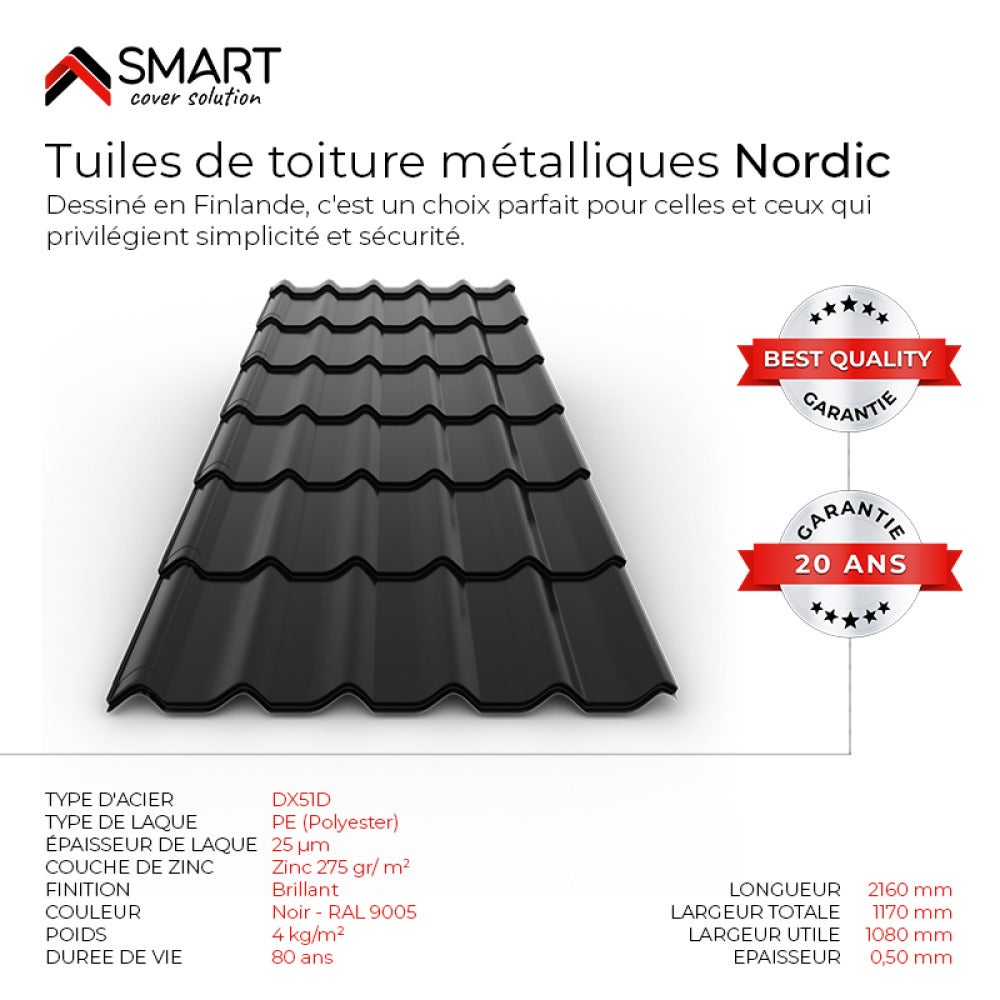 Tuile de toiture métallique NORDIC Coloris Noir RAL 9005 Dimensions ...