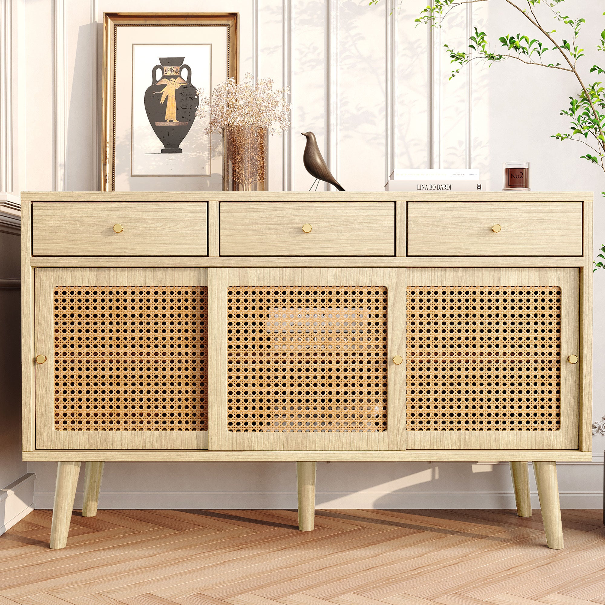 Buffet avec 3 portes coulissantes et 3 tiroirs en MDF - effet rotin ...