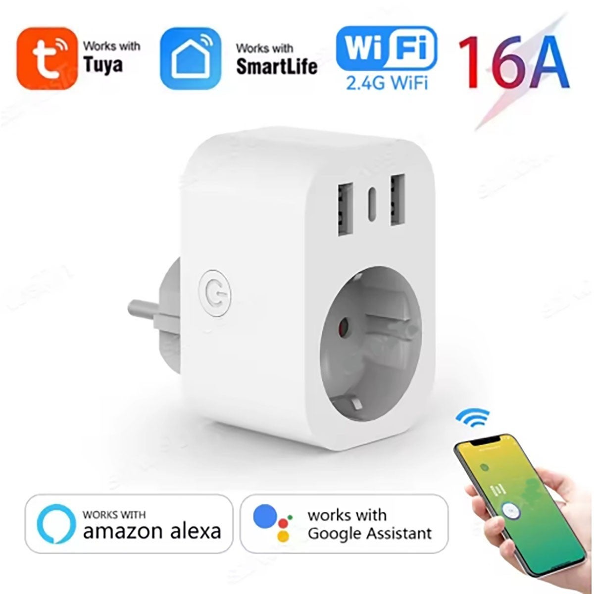 ENCHUFE INTELIGENTE WIFI 16A 3680W USB TIPO C ALEXA GOOGLE TUYA SMART ...