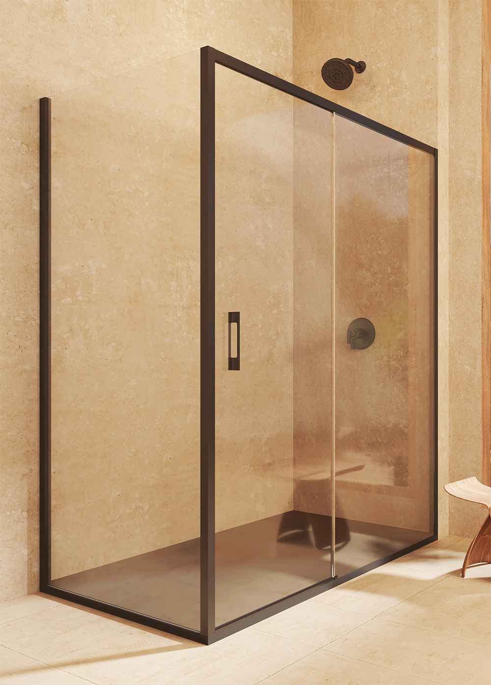 Mampara angular corredera + fijo + lateral fijo, sin perfil inferior ...