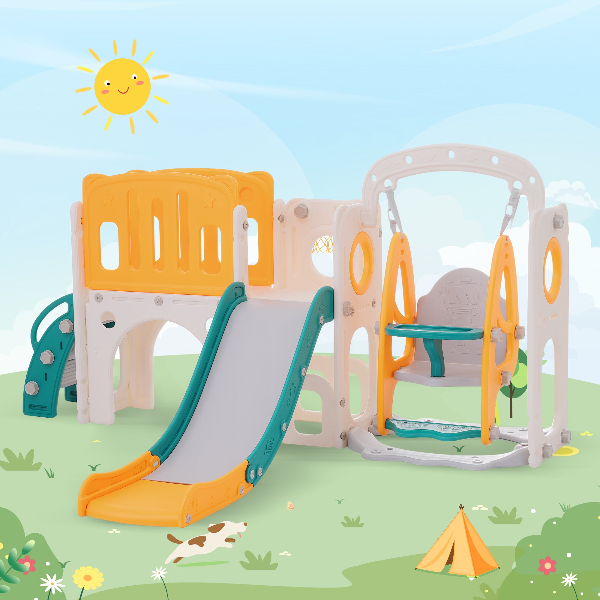 Le toboggan pour enfants 7 en 1 comprend un toboggan, une balançoire ...
