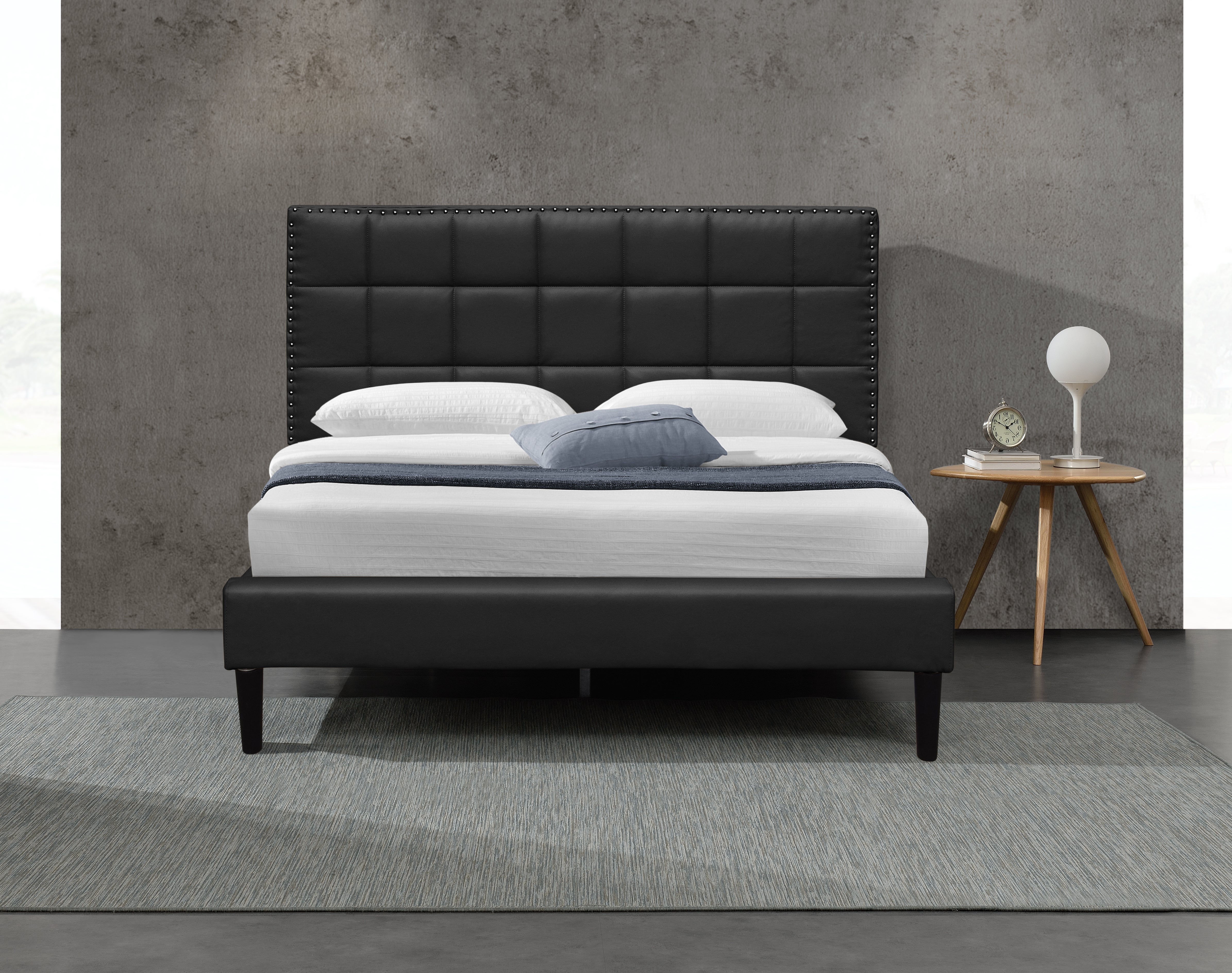 Lit 140x190 - Sommier + Tête de Lit Capitonnée Blanc - Pieds de 16 cm ...