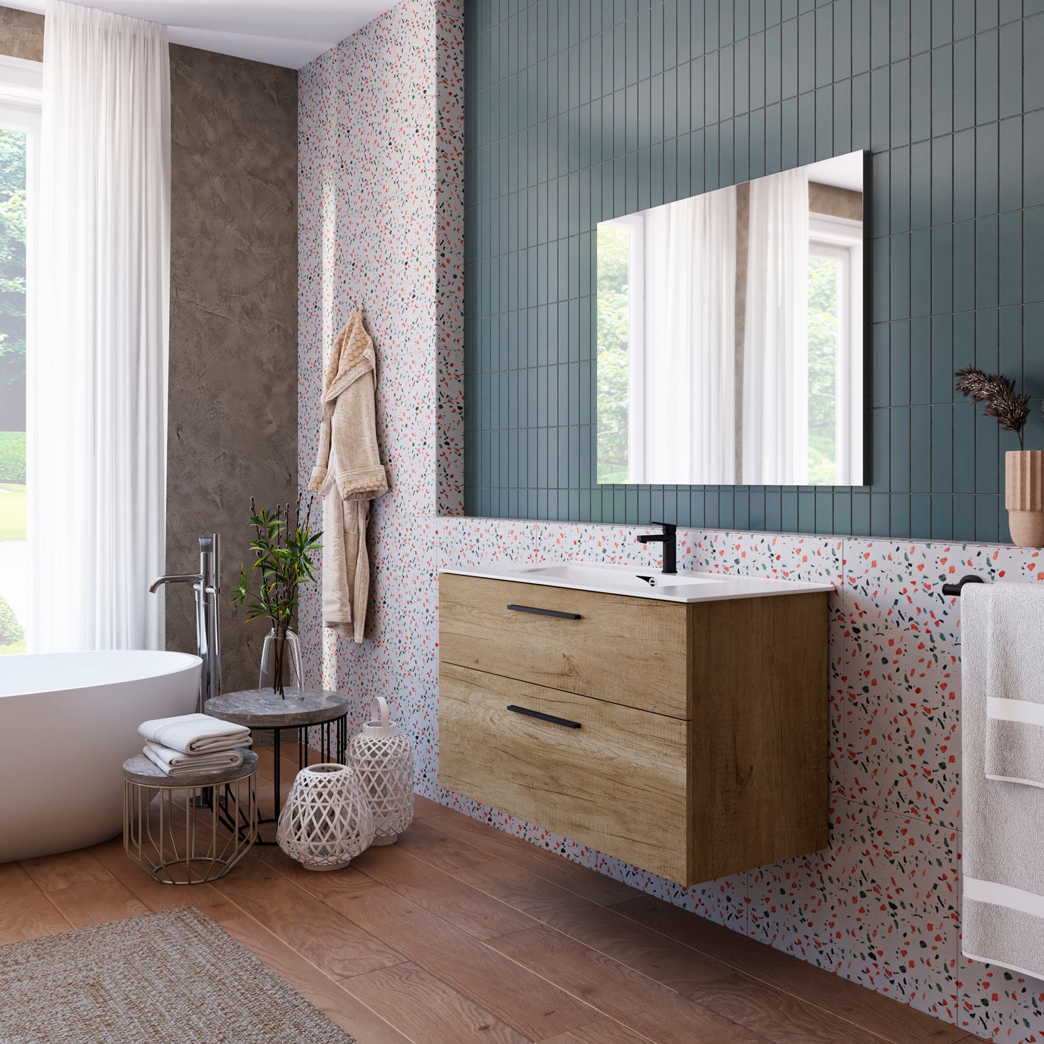 Mueble de Baño suspendido con Lavabo Cerámico y espejo | 100 cm | 2 cajones con Cierre ...