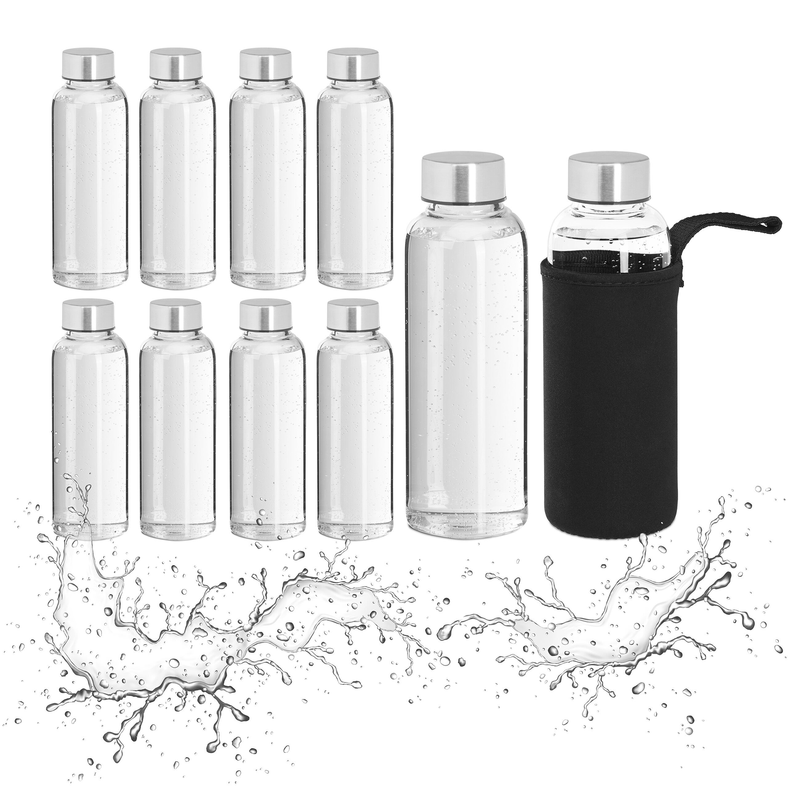 Relaxdays Gourde en set de 10, verre, 360 ml, étanche, avec housse, H x ...